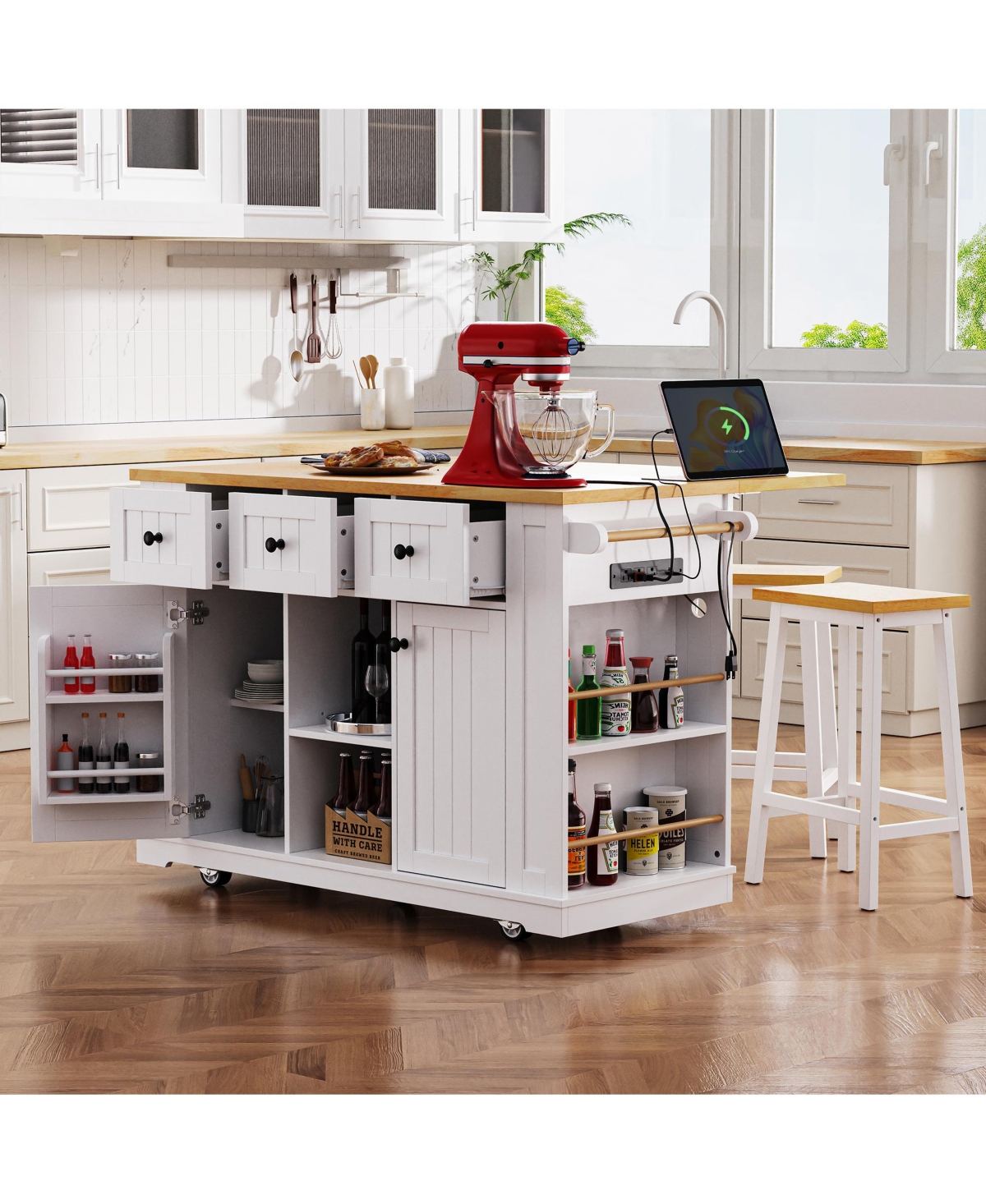 Click here for Flynama 53 White Kitchen Island with 2 Bar Stools... prices