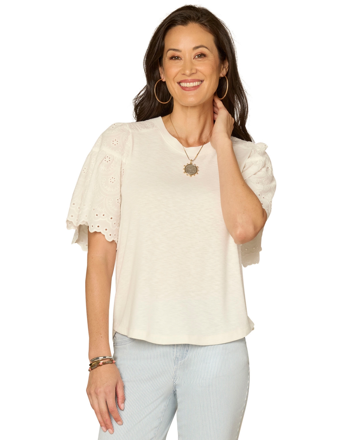 Click here for Democracy Petite Puff-Sleeve Crewneck Shirttail He... prices
