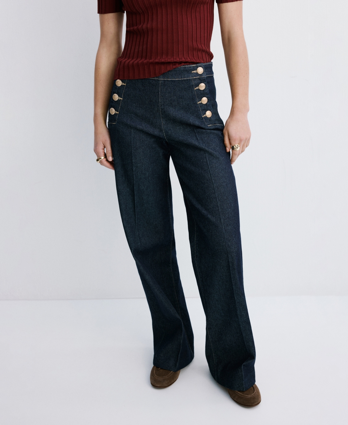 Click here for Mango Womens Side Buttons Wide-Leg Jeans - Open Bl... prices