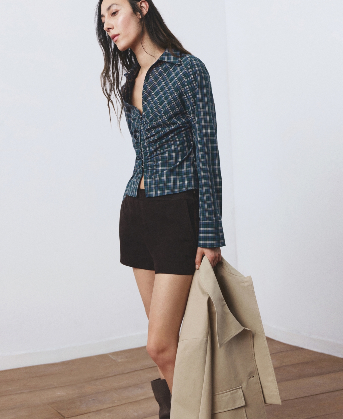 Click here for Mango Womens Gathered Check Blouse - Blue prices