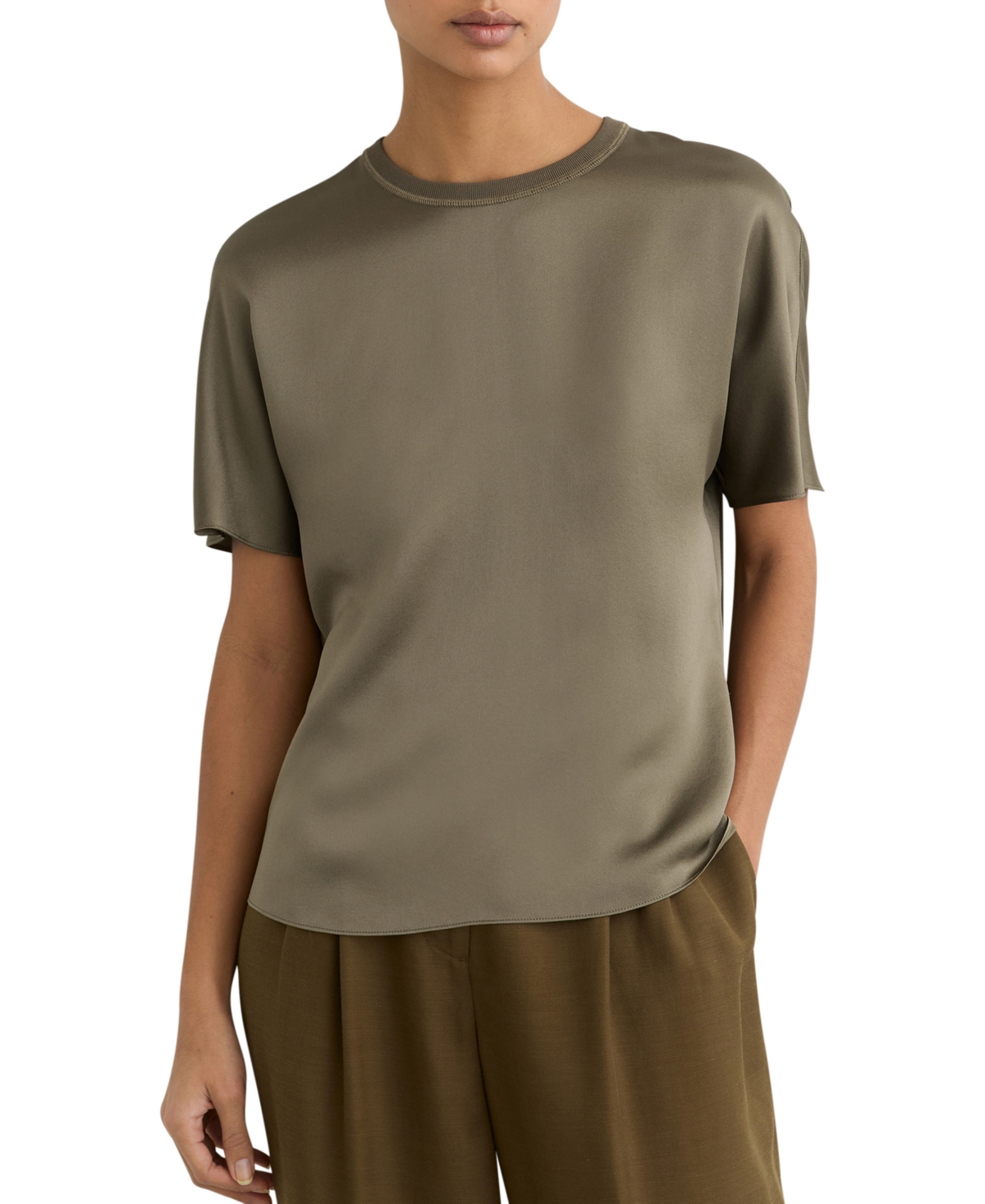 Click here for Reiss Womens Silk Short-Sleeve Top - Khaki Green prices