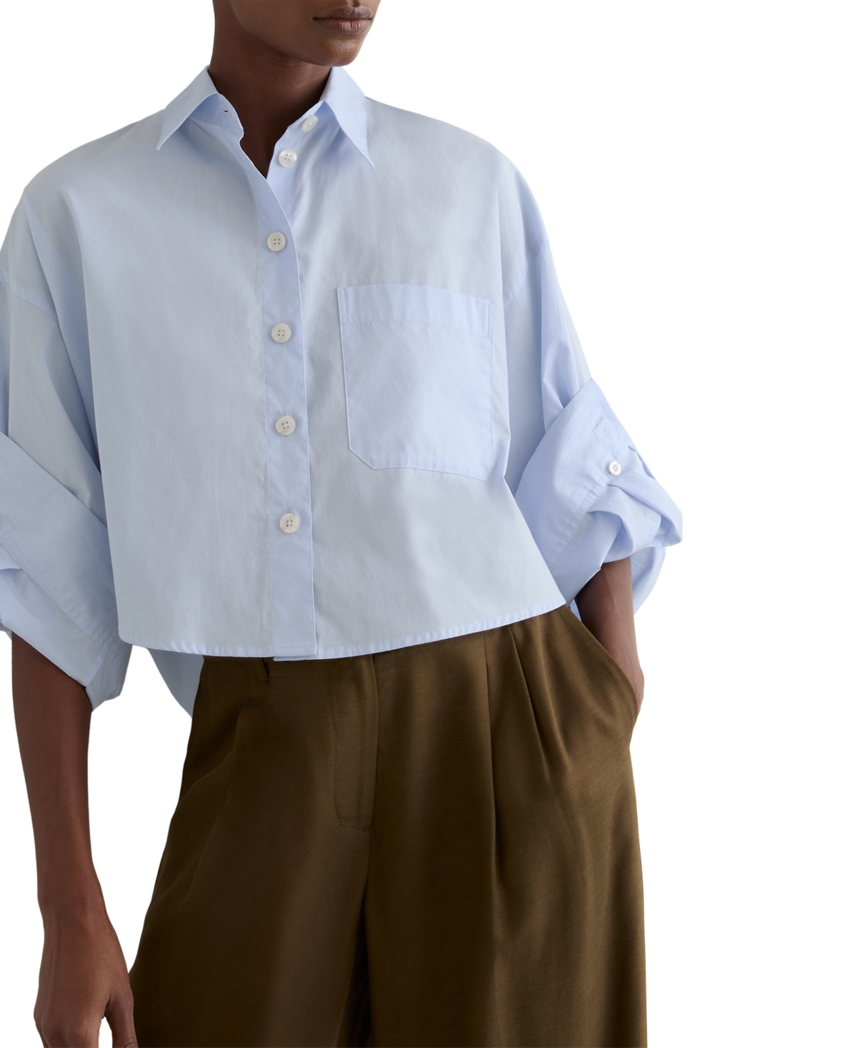 Click here for Reiss Womens Cotton Cropped Long-Sleeve Shirt - Bl... prices