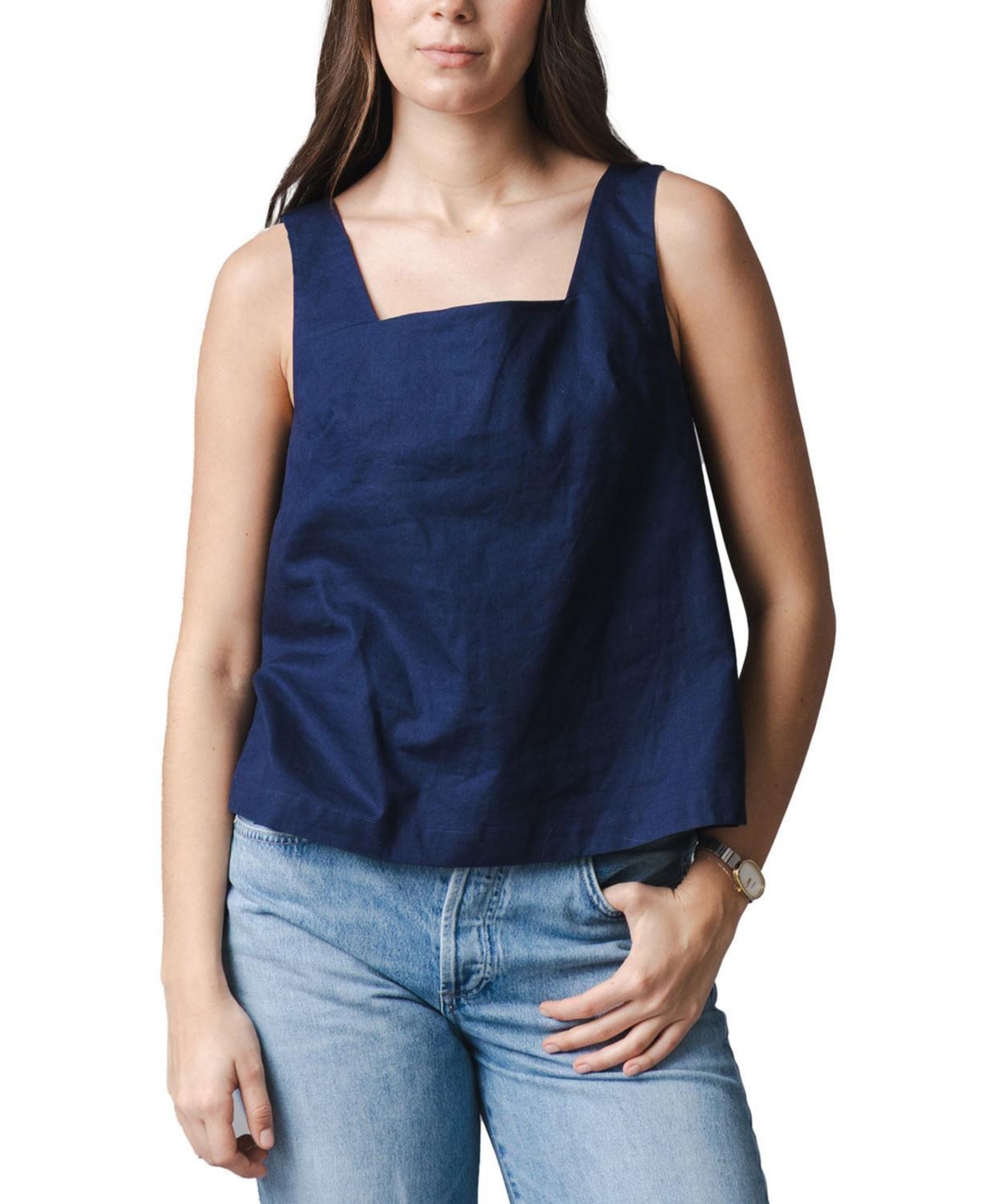 Click here for Hope & Henry Womens Linen Square Neck Tank - Navy... prices
