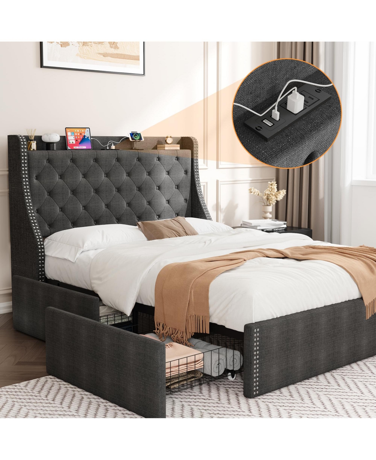 Click here for gaomon Upholstered Bed Frame with 4 Storage Drawer... prices