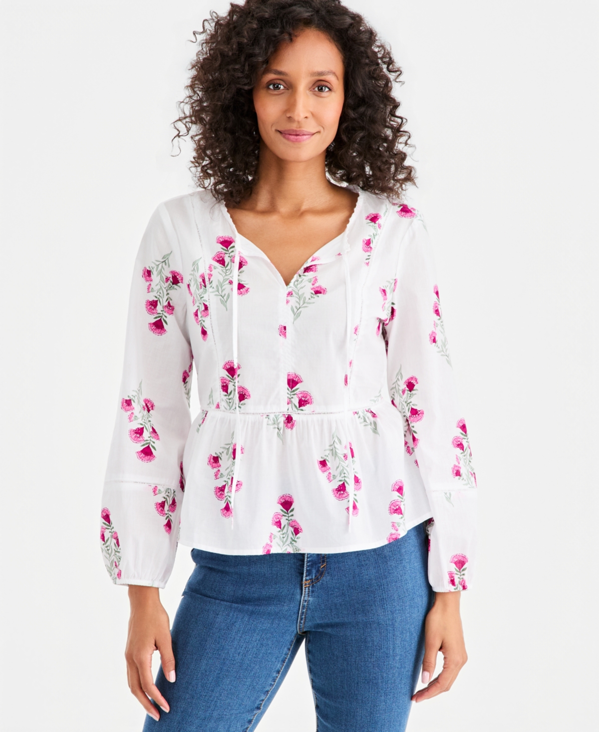 Click here for Style & Co Womens Cotton Printed Peplum Popover Bl... prices