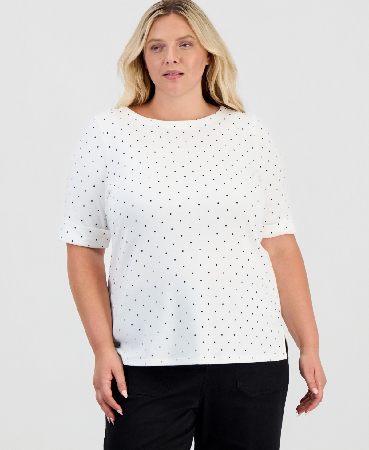 Click here for Style & Co Plus Size Elbow Micro Polka Dot Boat Ne... prices