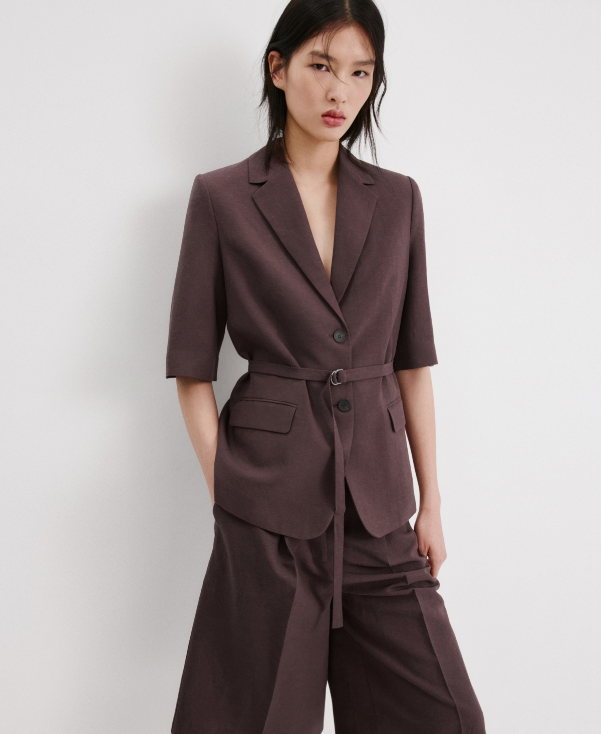 Click here for Mango Womens Belted Linen Suit Blazer - Purple prices