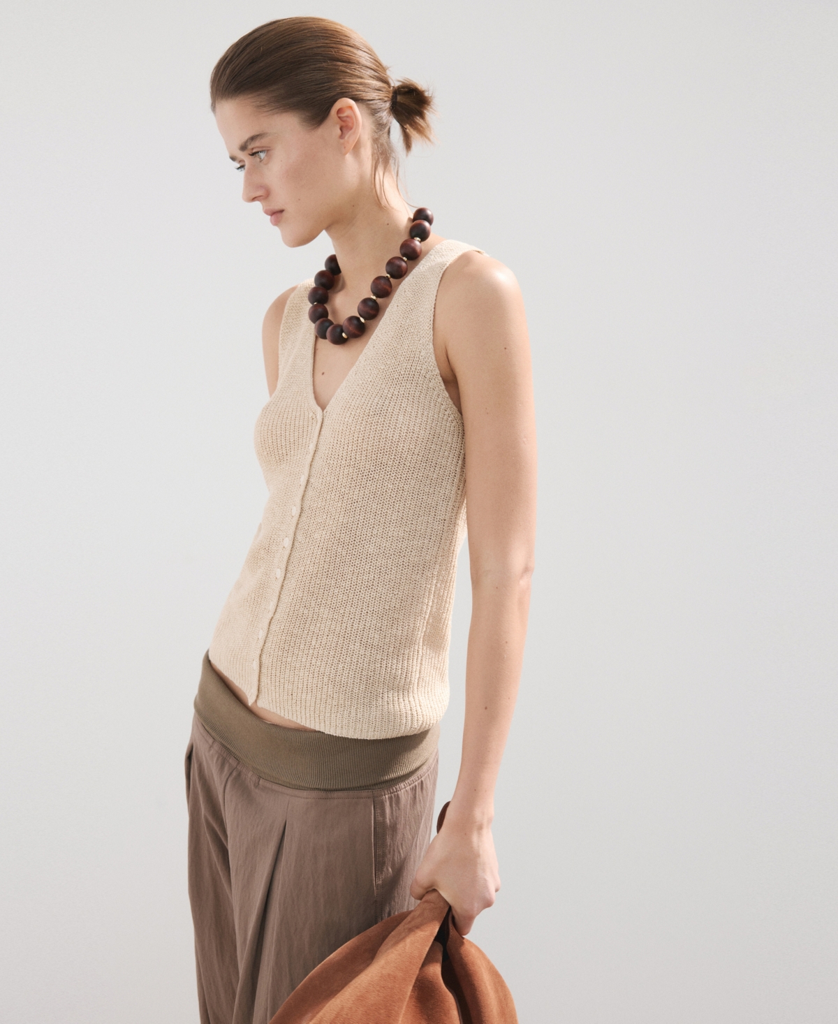 Click here for Mango Womens Lace Pattern Knitted Vest - Sand prices