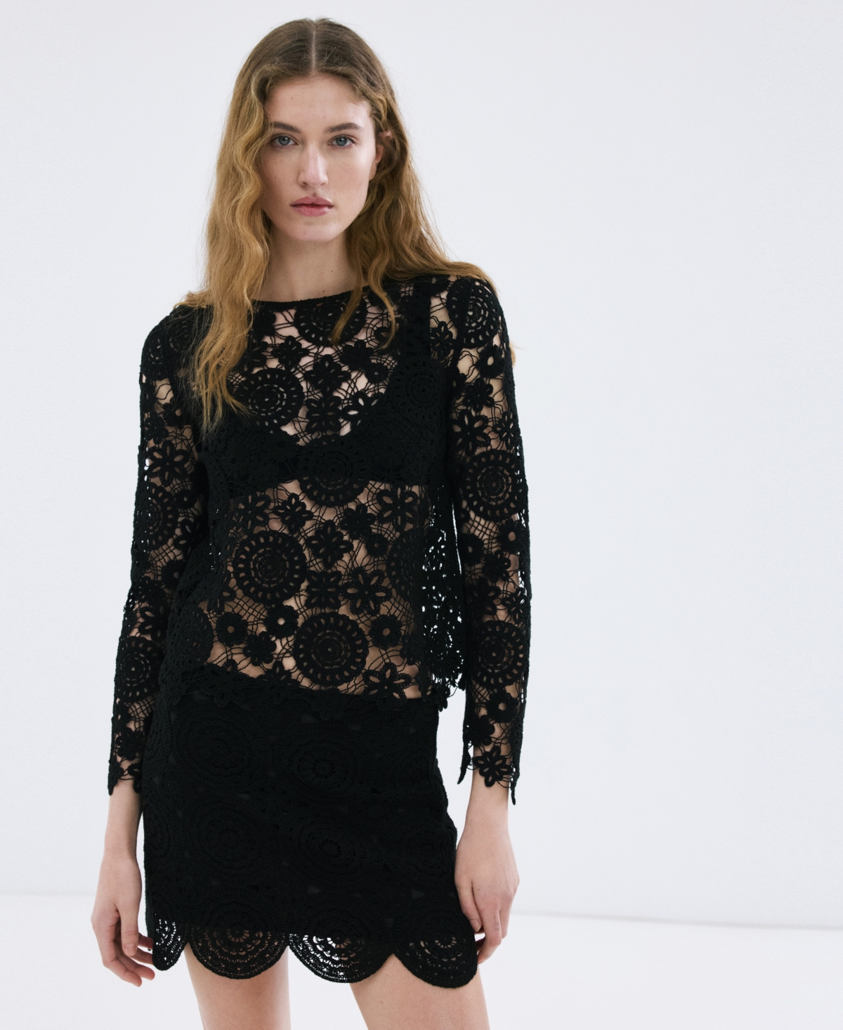 Click here for Mango Womens Openwork Knitted Floral Sweater - Bla... prices