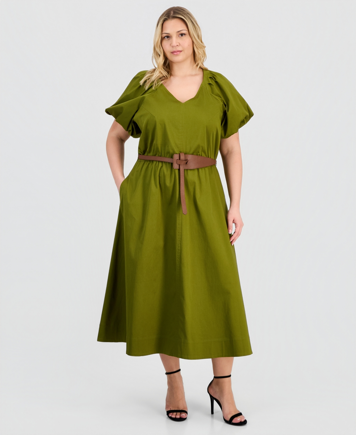 Click here for Anne Klein Plus-Size Sateen V-Neck Midi Dress - Iv... prices