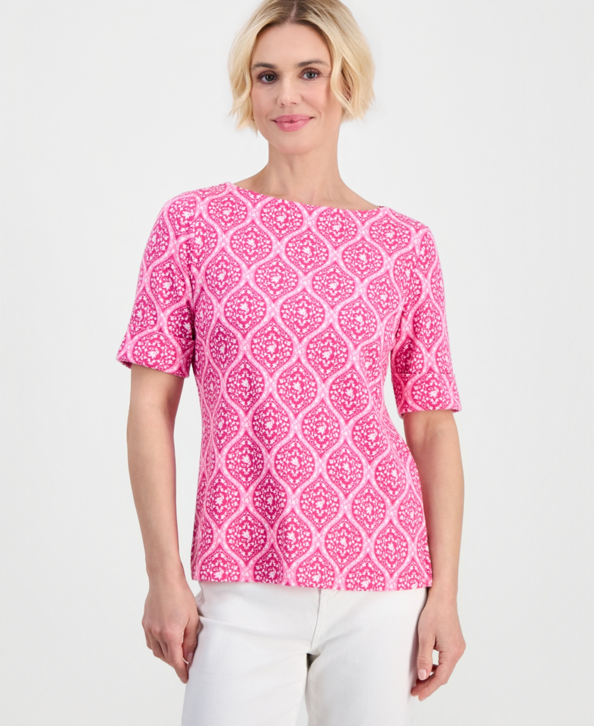 Click here for Style & Co Petite Printed Boat-Neck Elbow-Sleeve T... prices