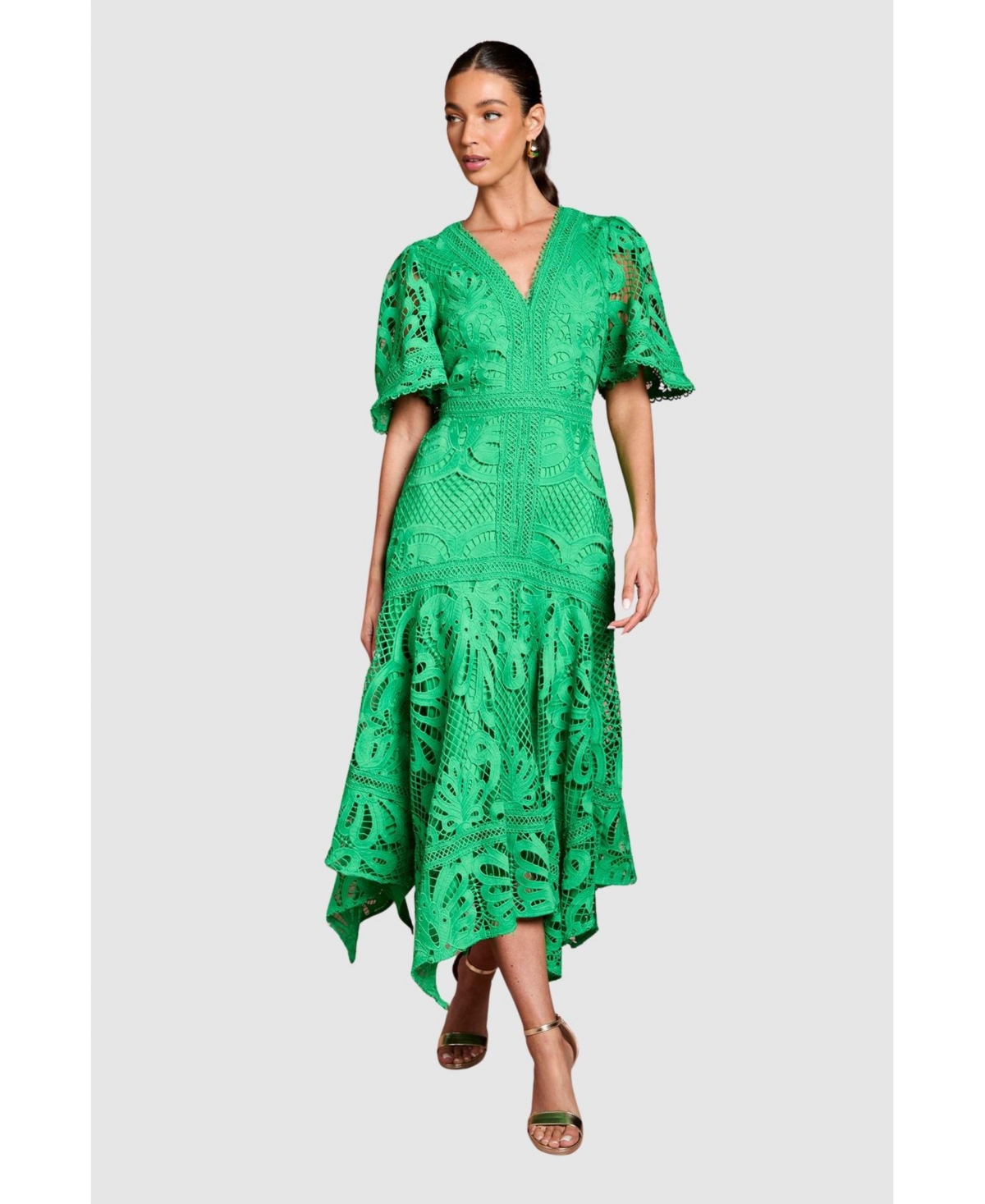Click here for Coast Womens Placement Lace Hanky Hem Dress - Gree... prices