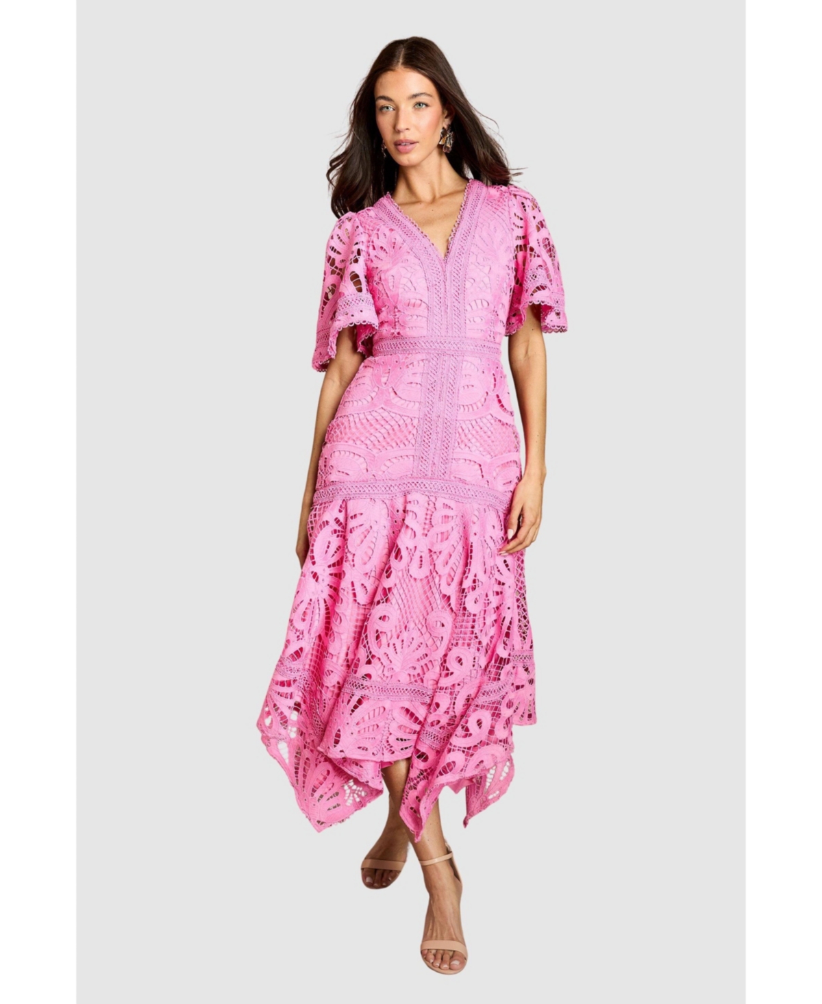 Click here for Coast Womens Placement Lace Hanky Hem Dress - Pink prices