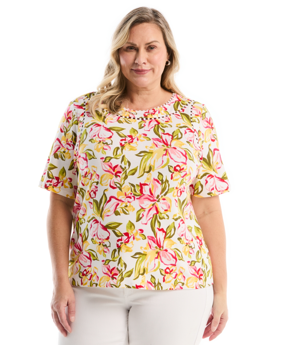 Click here for Rafaella Plus Size Petal Print Pom Trim Detail Sho... prices