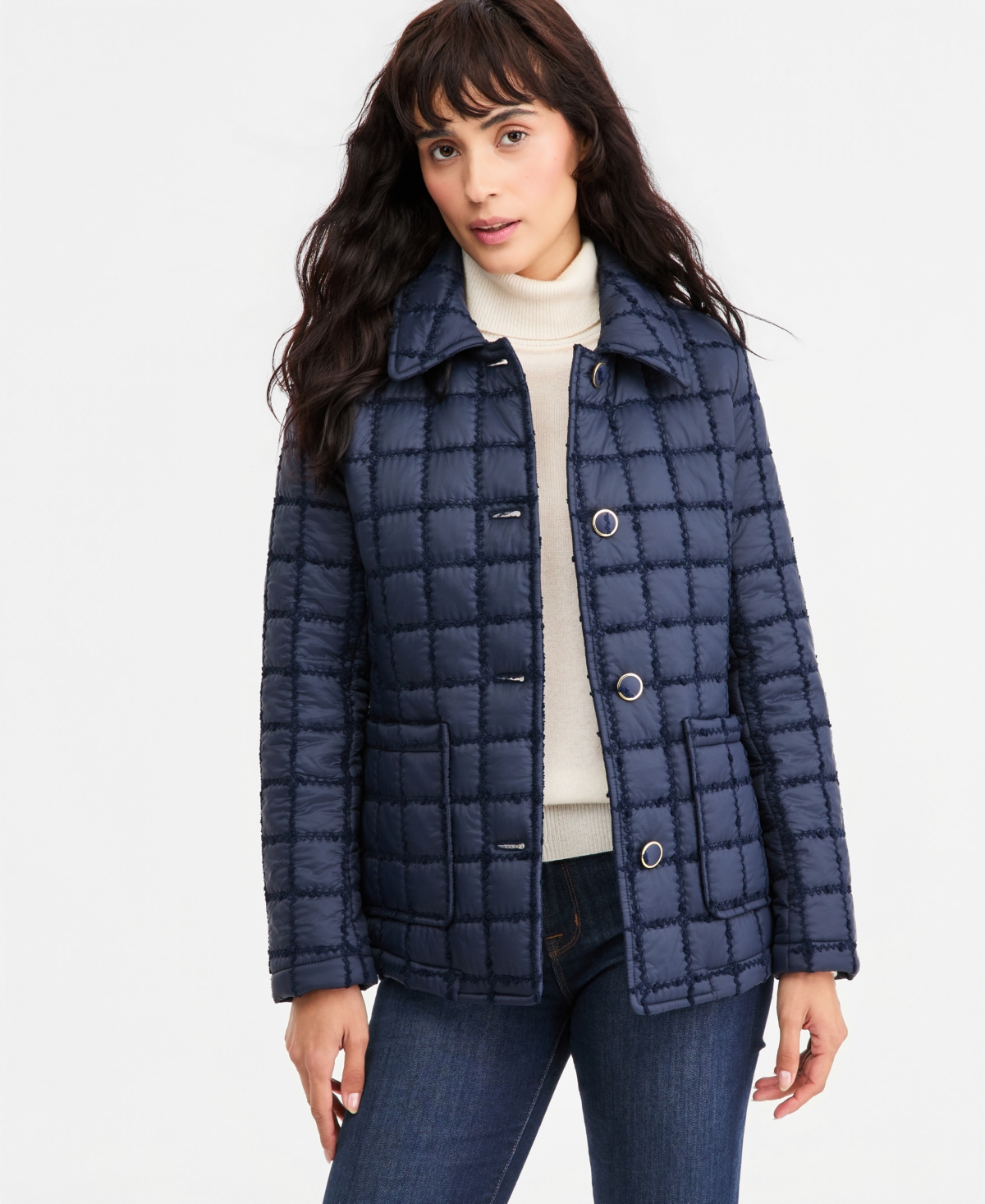 Click here for CeCe Womens Short Boucle Windowpane Quilted Coat -... prices