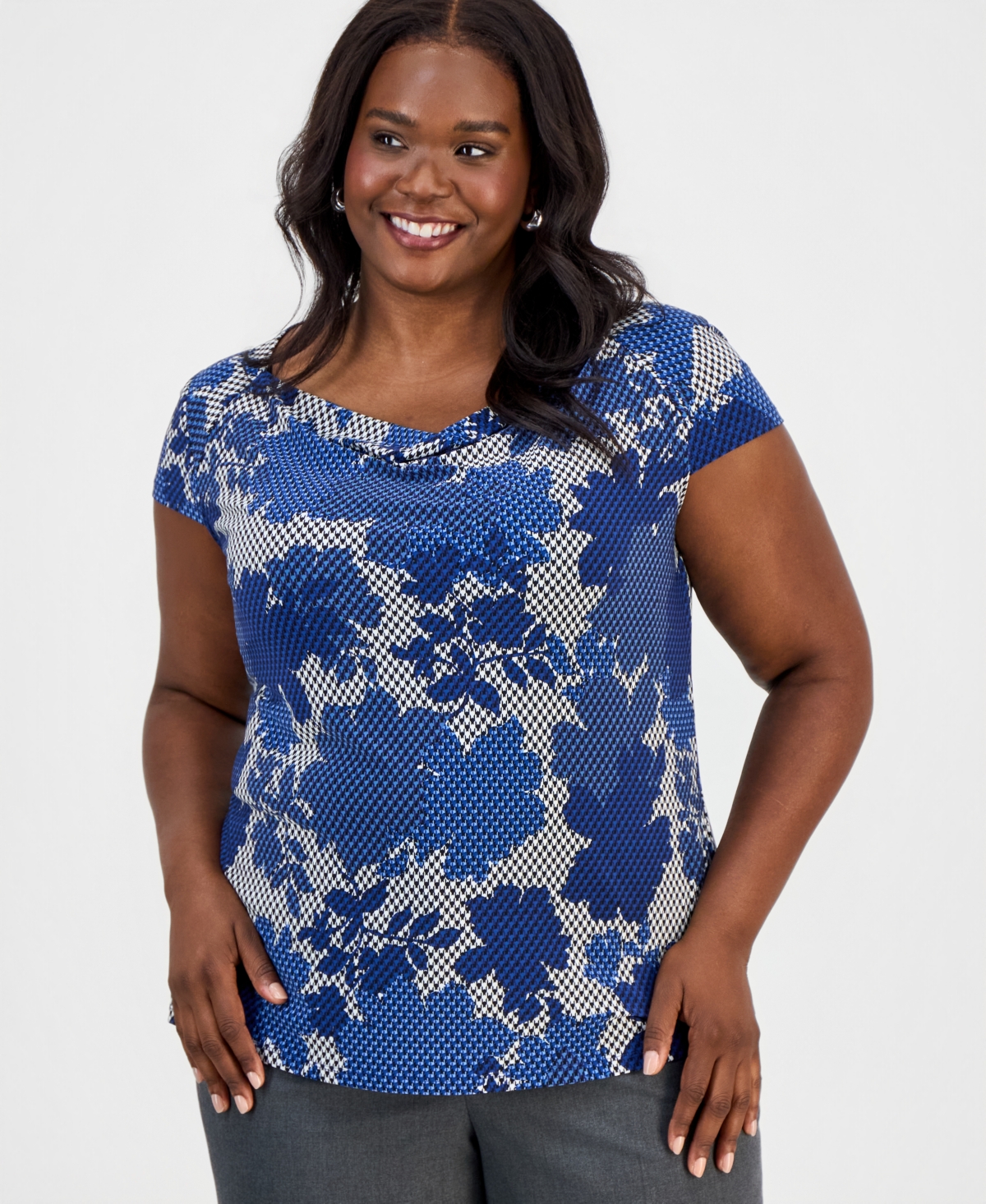 Click here for Kasper Plus Size Cowlneck Cap-Sleeve Top - Blue Ni... prices