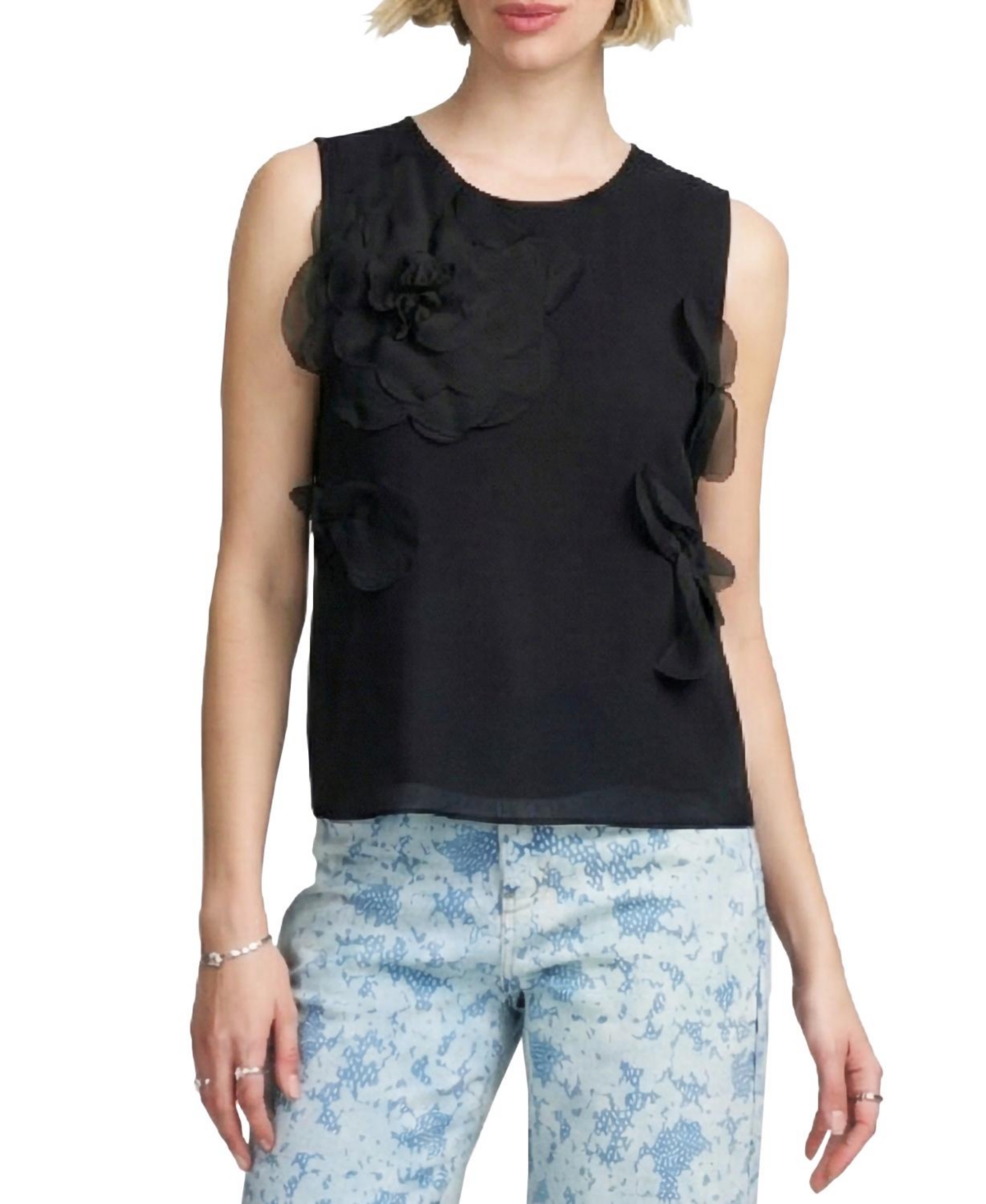 Click here for Elle Collection Womens Floral Applique Shell - Bla... prices