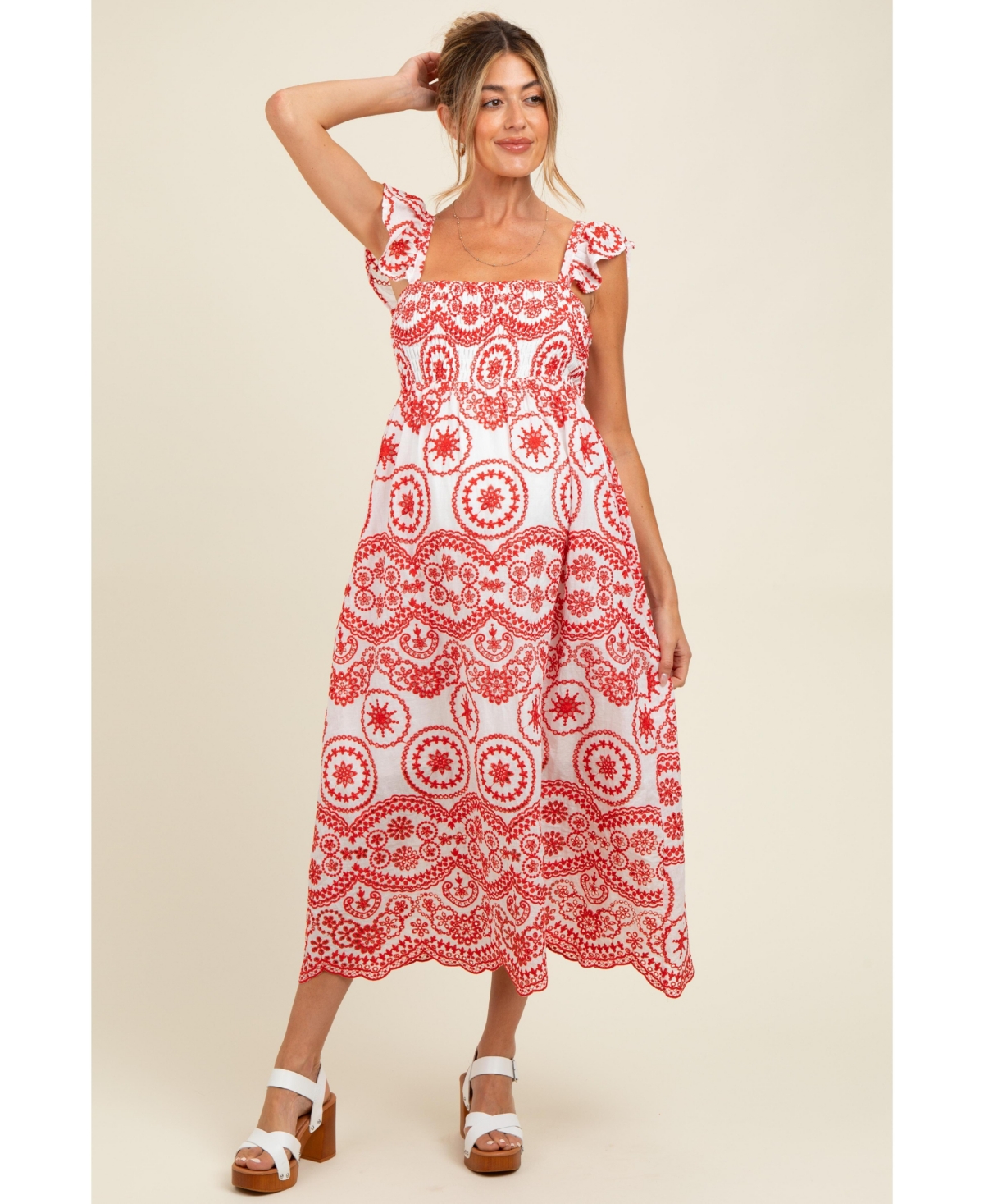 Click here for Pinkblush Maternity Red Embroidered Smocked Cutout... prices
