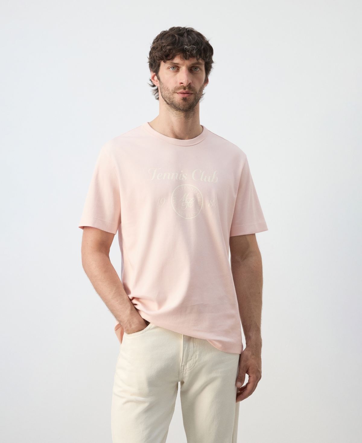 Click here for Mango Mens Cotton Printed T-Shirt - Light Pink prices