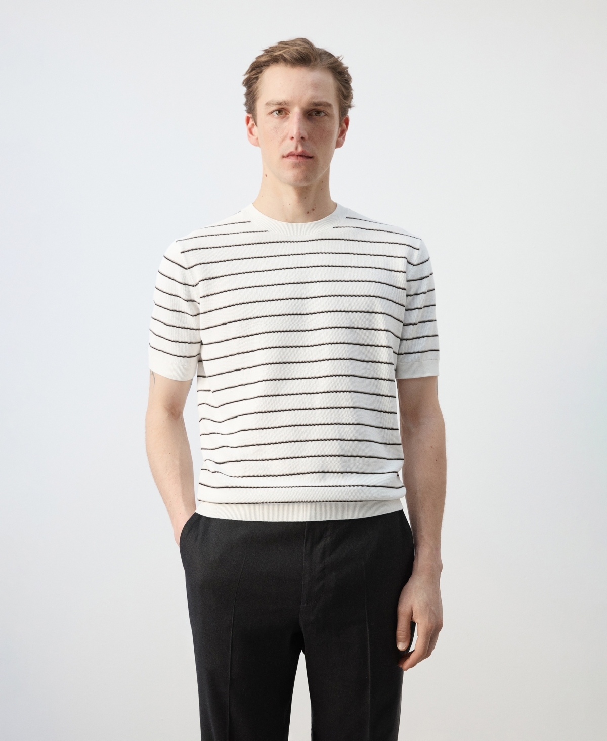 Click here for Mango Mens Striped Knit Cotton T-Shirt - Off White prices