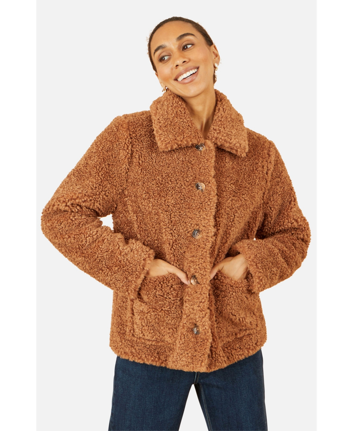 Click here for Yumi Womens Short Teddy Bear Jacket - Brown prices