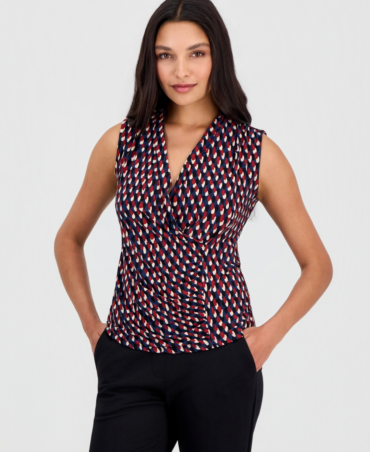 Click here for Anne Klein Womens Printed Faux-Wrap Sleeveless Top... prices