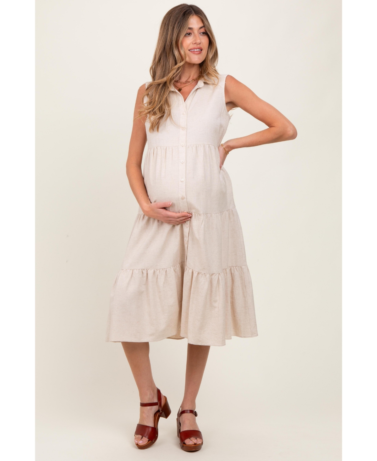 Click here for Pinkblush Maternity Cream Tiered Sleeveless Midi S... prices