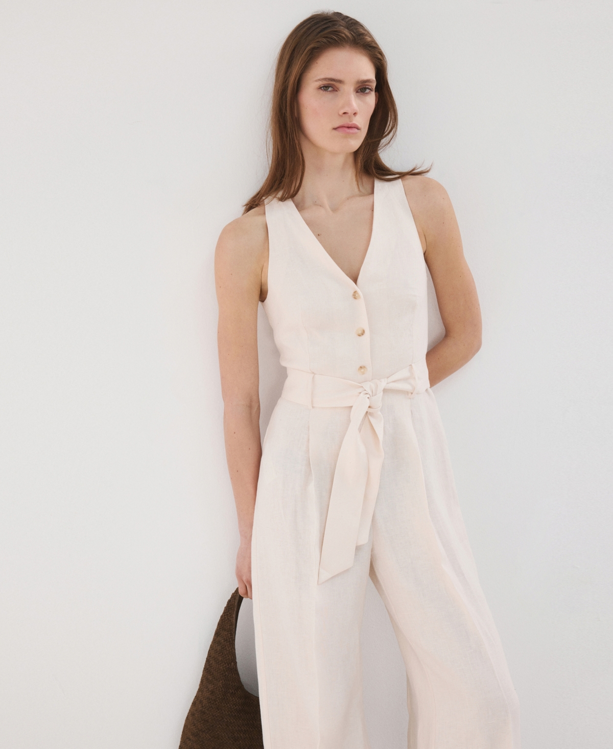 Click here for Mango Womens Belt Linen Jumpsuit - Ecru prices