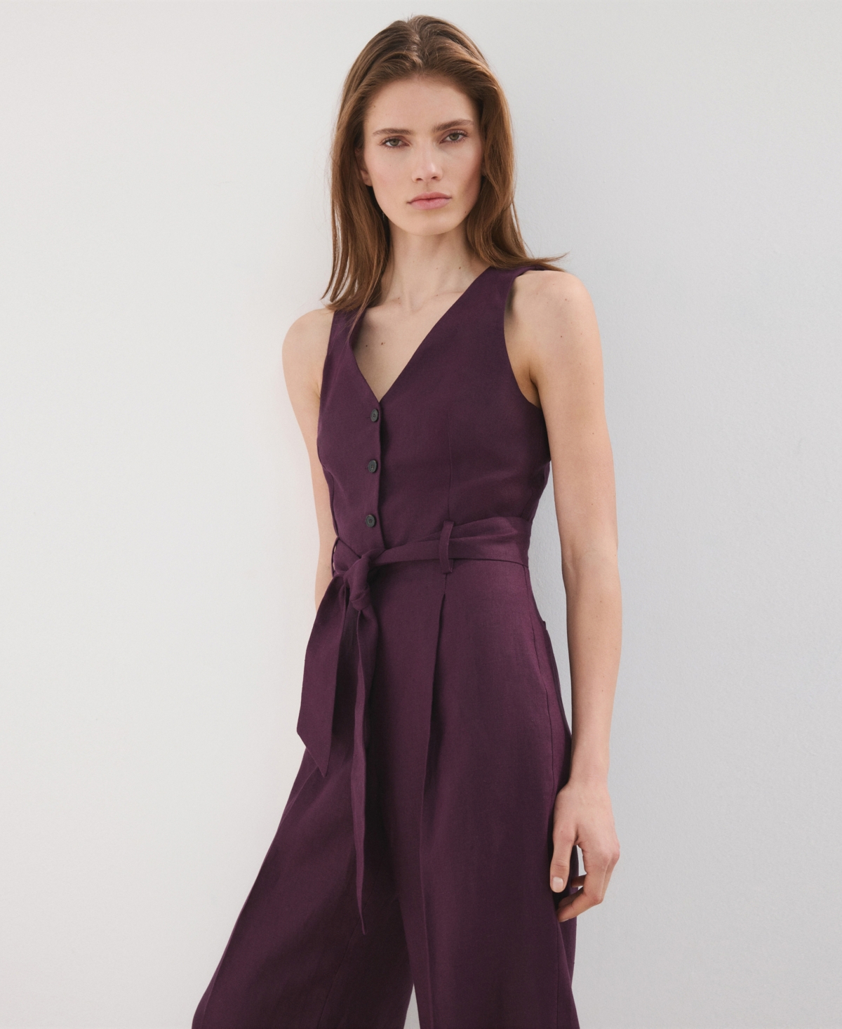 Click here for Mango Womens Belt Linen Jumpsuit - Blackberry prices