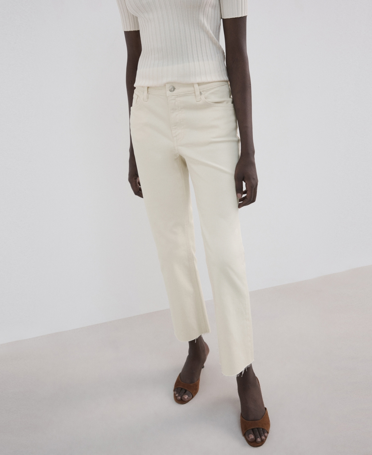 Click here for Mango Womens Mid-Rise Flared Jeans - Ecru prices