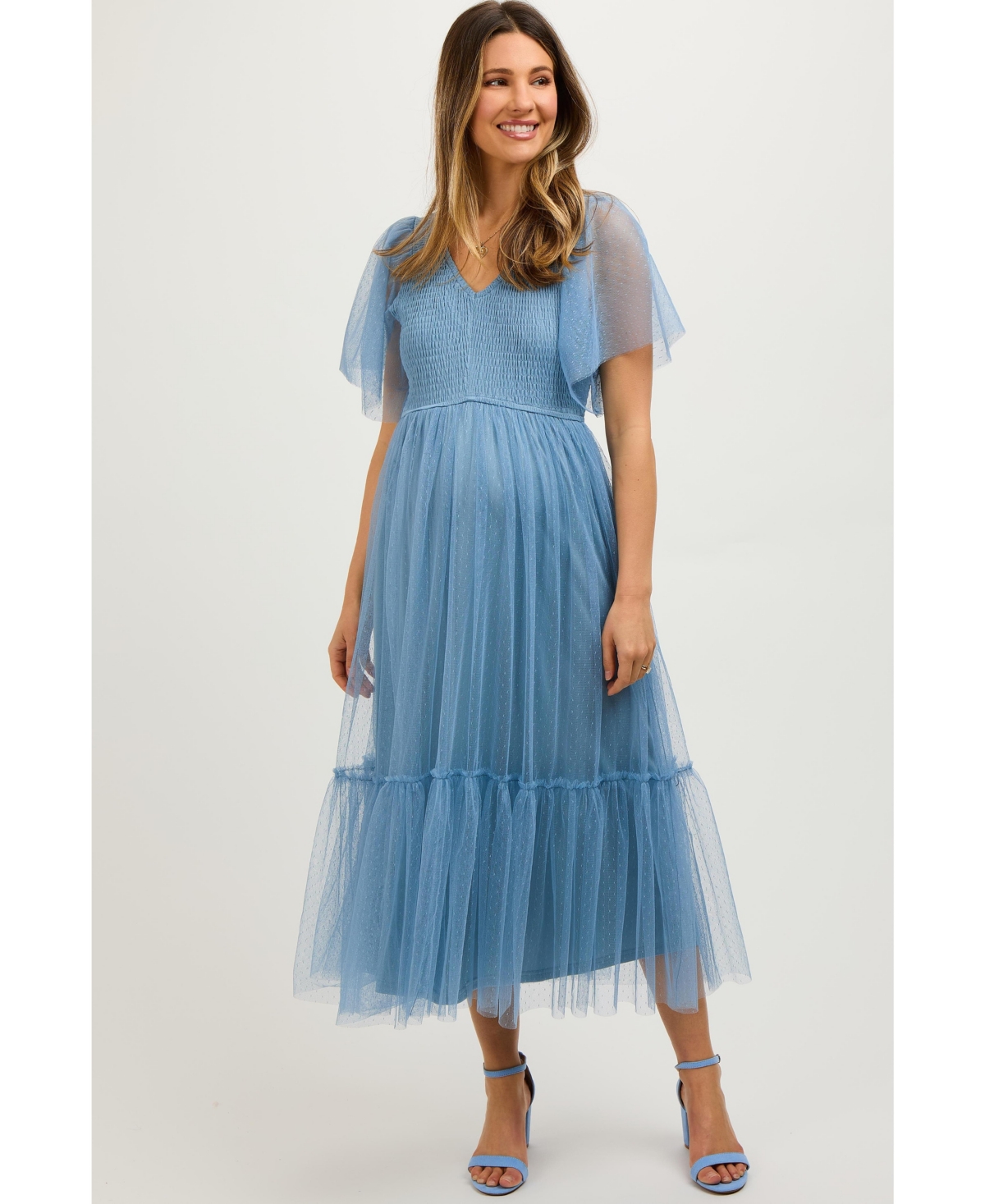 Click here for Pinkblush Maternity Dotted Tulle Smocked Midi Dres... prices