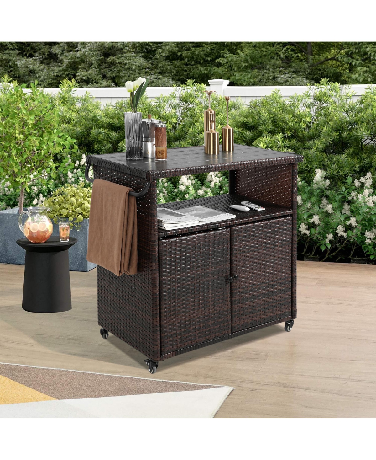 Click here for flynama Outdoor Wicker Bar Cart with Plastic Wood... prices