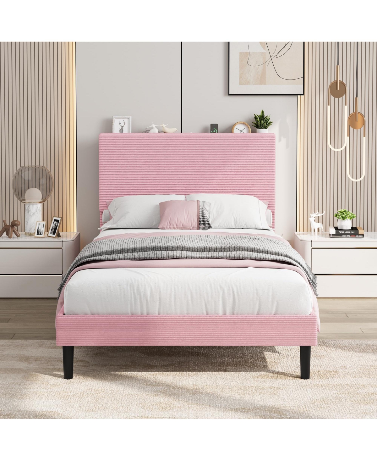 Click here for homfan Corduroy Upholstered Platform Bed Frame wit... prices