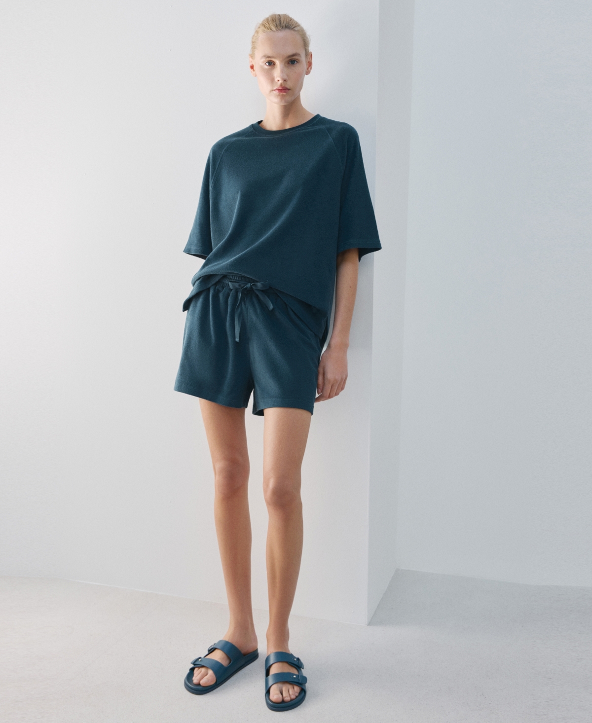 Click here for Mango Womens Terry Cotton Shorts - Blue prices