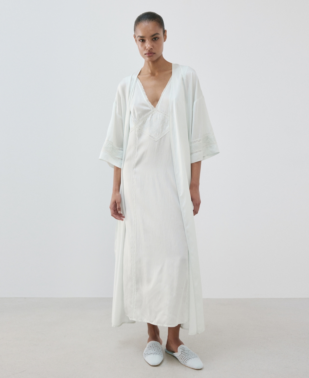 Click here for Mango Womens Embroidery And Bow Satin Robe - Blue prices