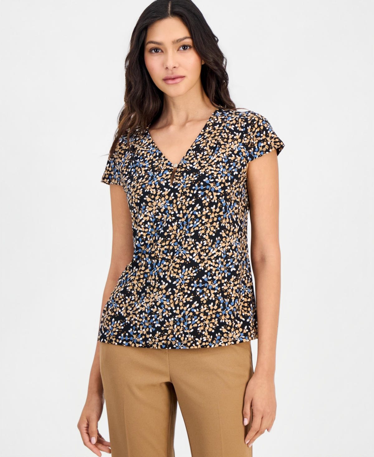 Click here for Anne Klein Essentials Printed Pleated-Neck Cap-Sle... prices