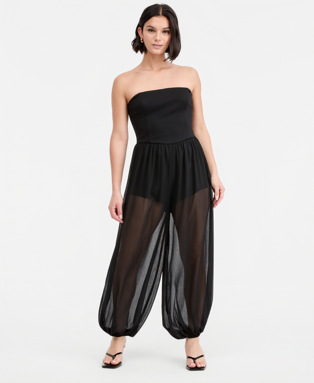 Click here for Bar Iii Womens Mixed-Media Strapless Bubble Jumpsu... prices