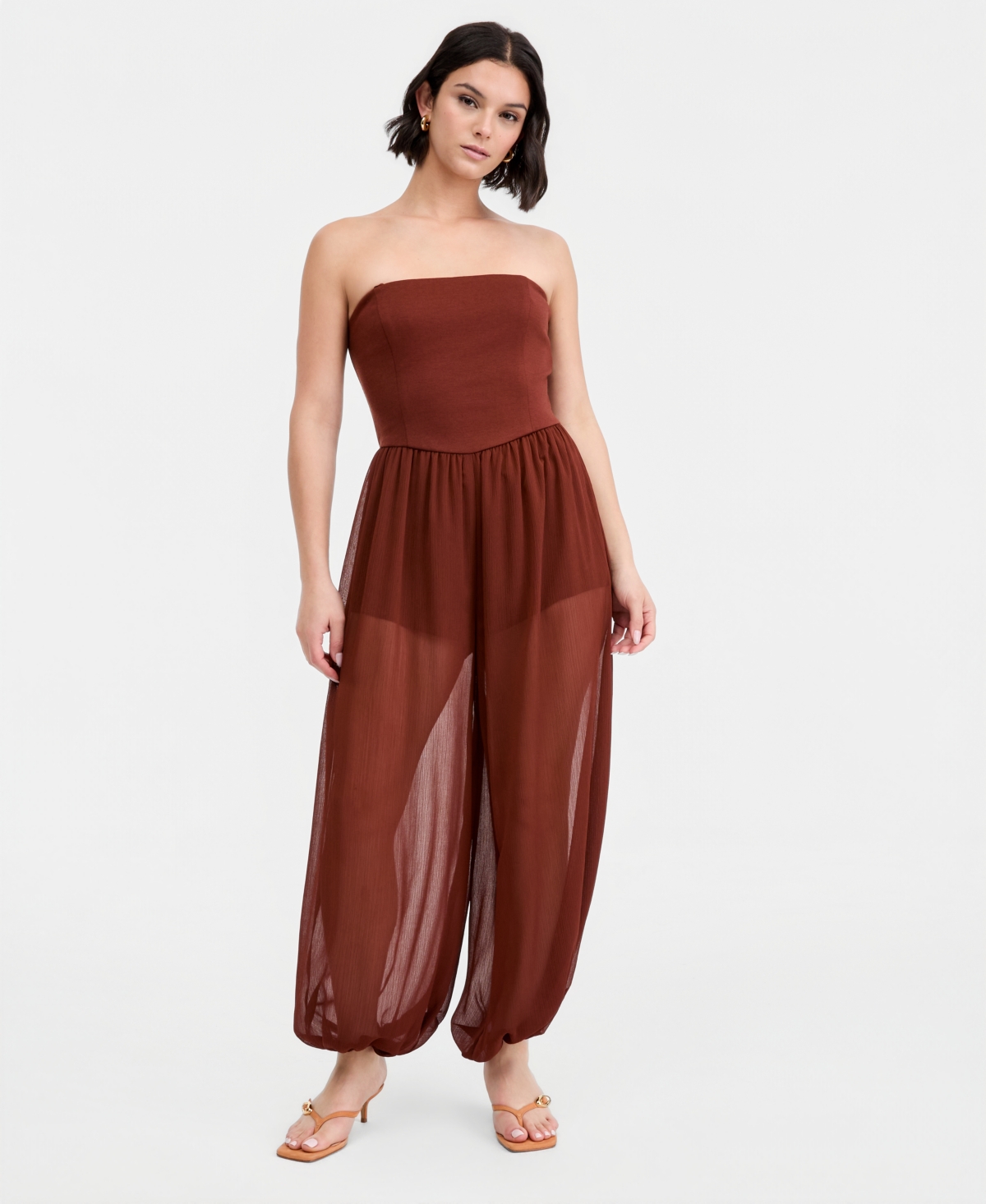 Click here for Bar Iii Womens Mixed-Media Strapless Bubble Jumpsu... prices