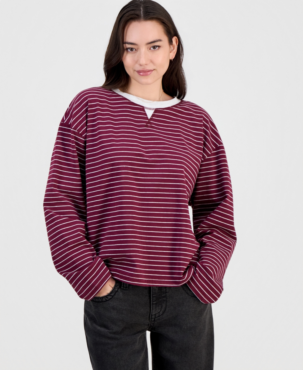 Click here for Hippie Rose Juniors Oversized Striped Long-Sleeve... prices