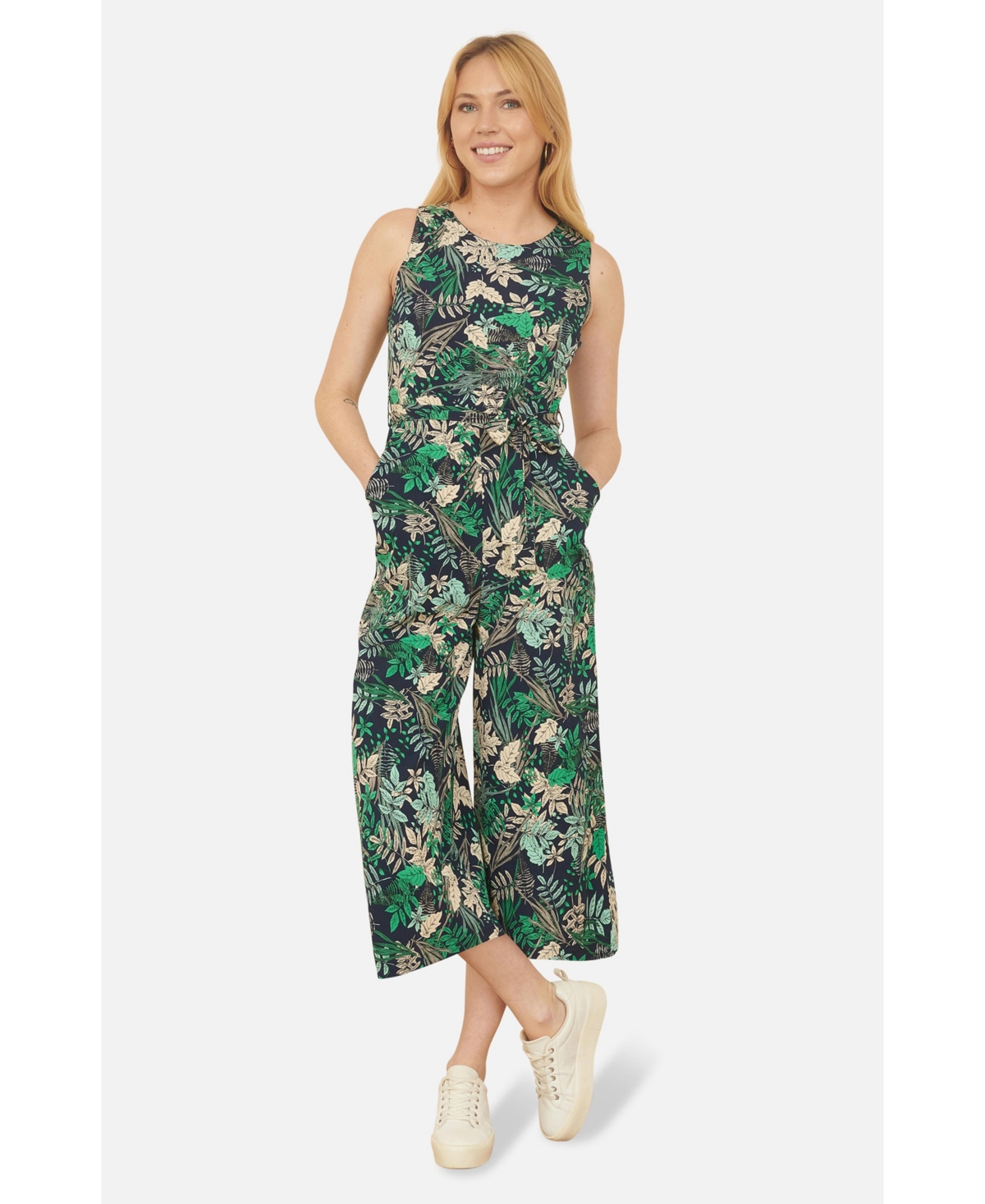Click here for Yumi Womens Sleeveless Leaf Print Culotte Jumpsuit... prices