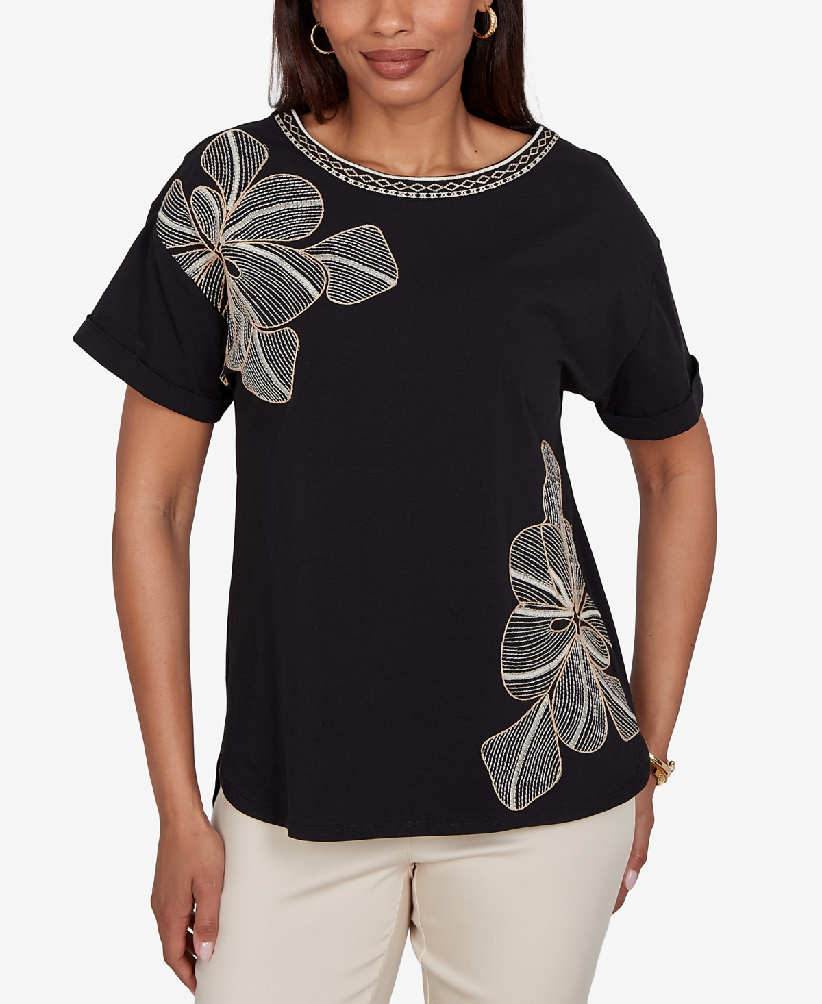 Click here for Ruby Rd. Petite Floral Noir Embroidered Knit Top -... prices