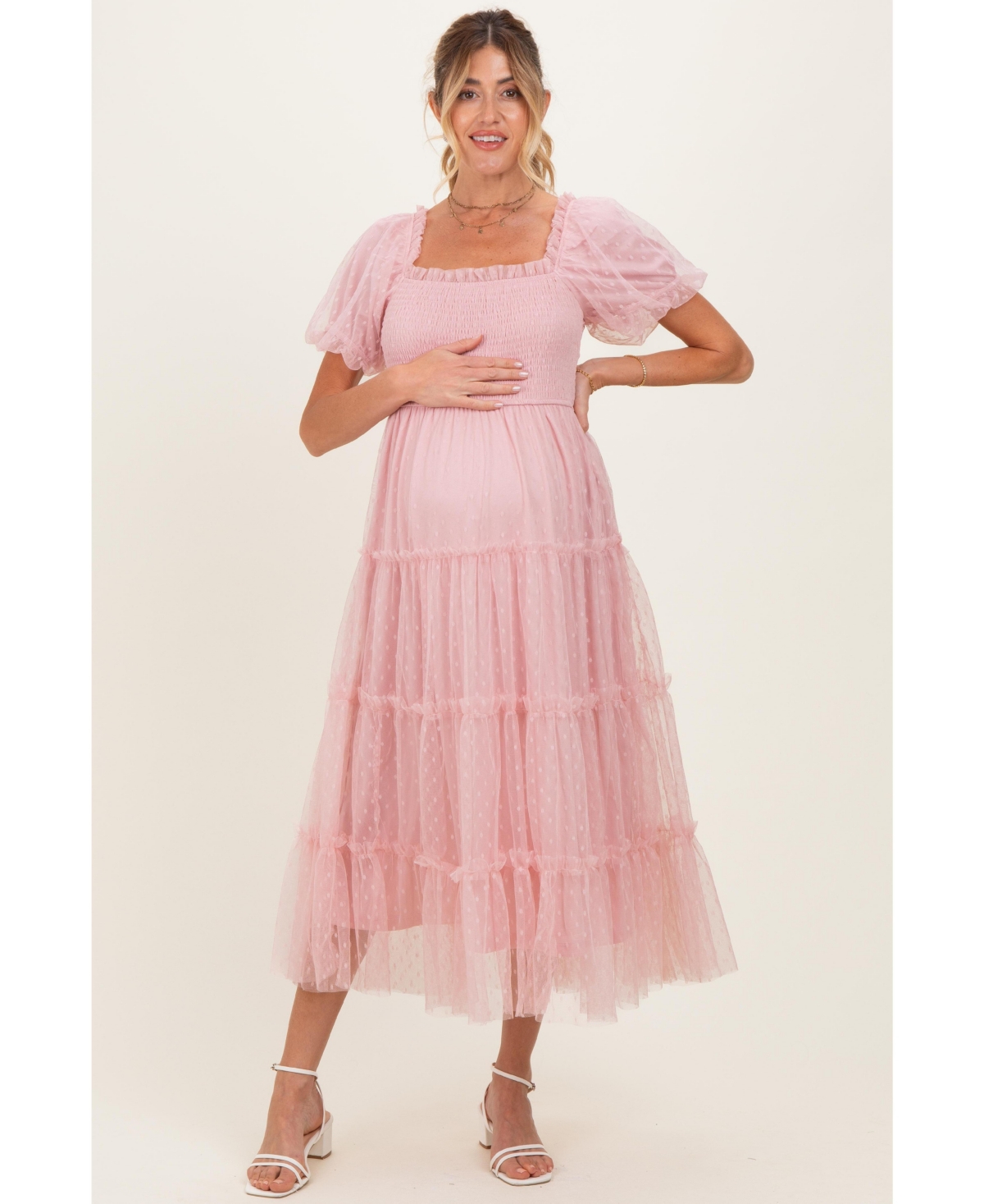 Click here for Pinkblush Womens CreamTulle Puff Sleeve Smocked Mi... prices