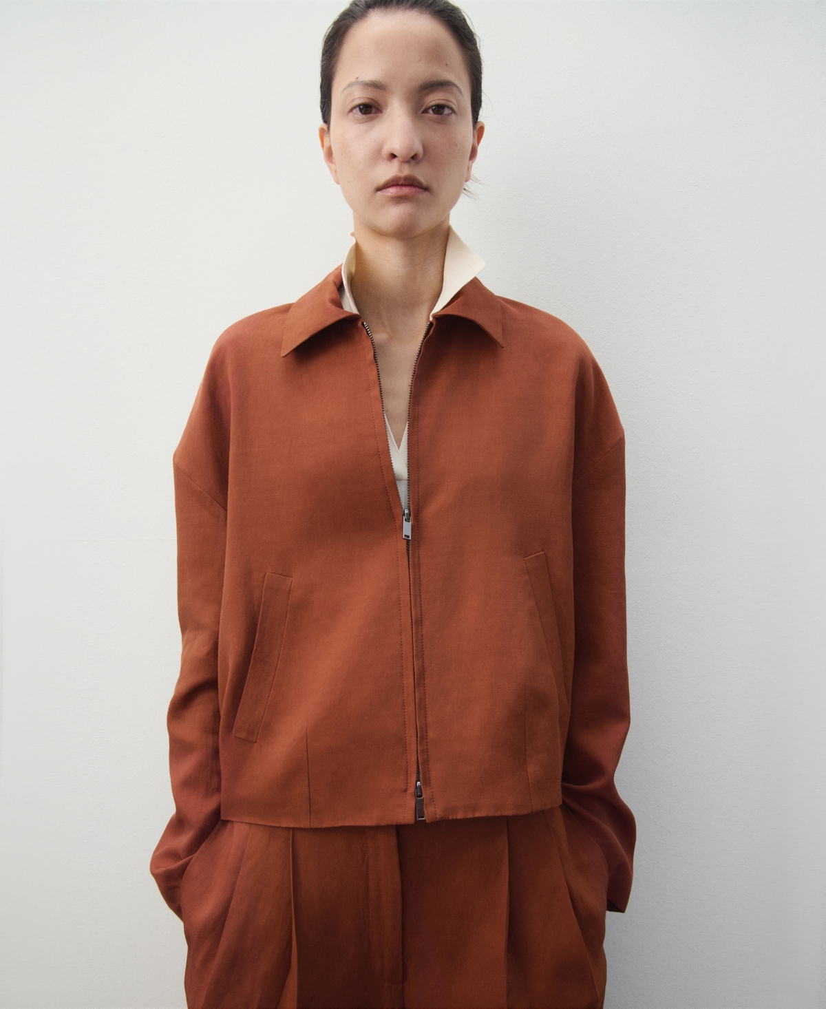 Click here for Mango Womens Pockets Linen-Blend Jacket - Russet prices