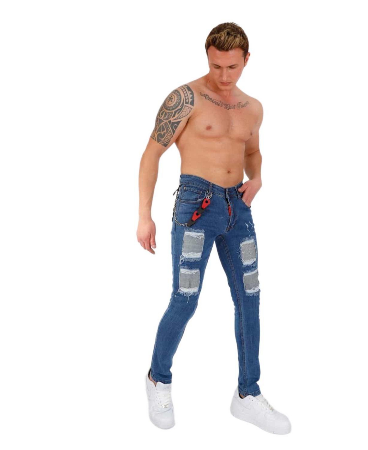 Click here for Elie Balleh Mens Patchwork Distressed Jeans - Blue prices