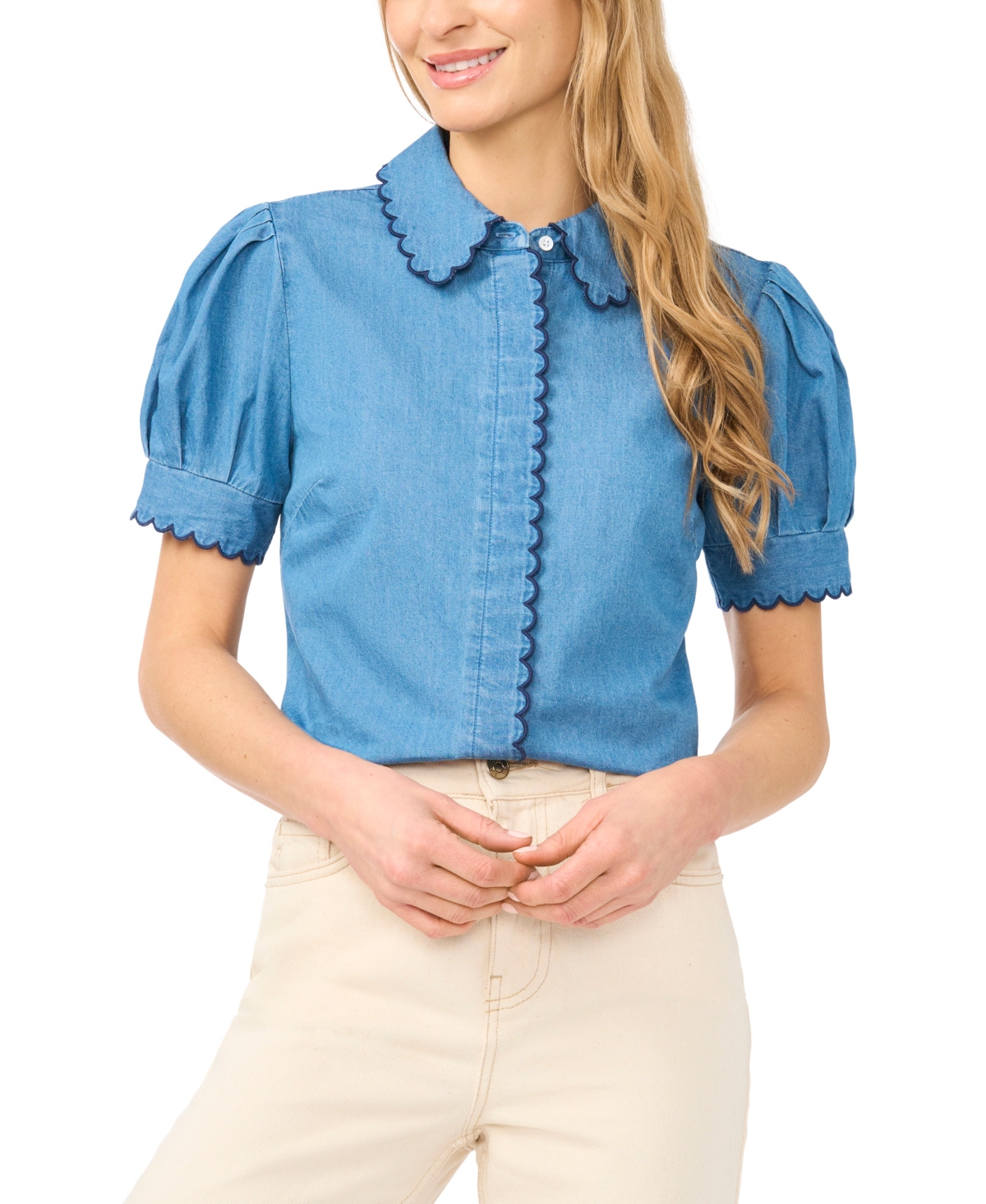 Click here for CeCe Womens Puff-Sleeve Button-Front Shirt - Light... prices
