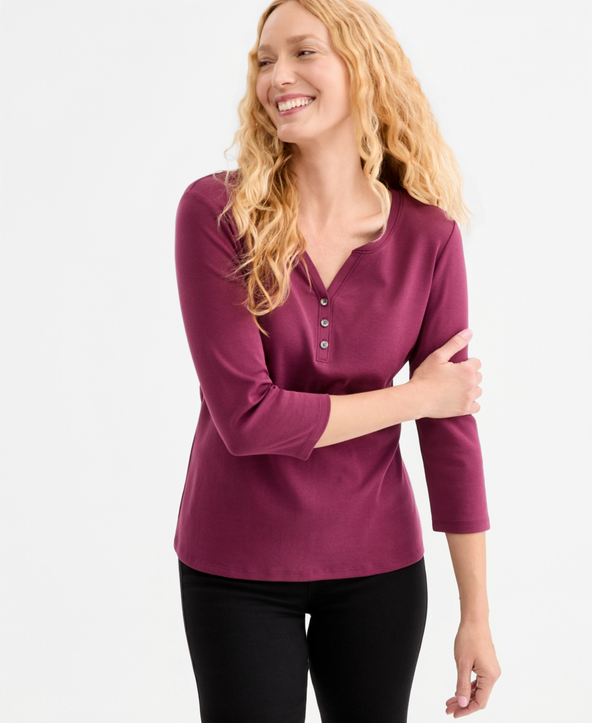 Click here for Style & Co Womens Cotton 3/4-Sleeve Henley Tee  Cr... prices