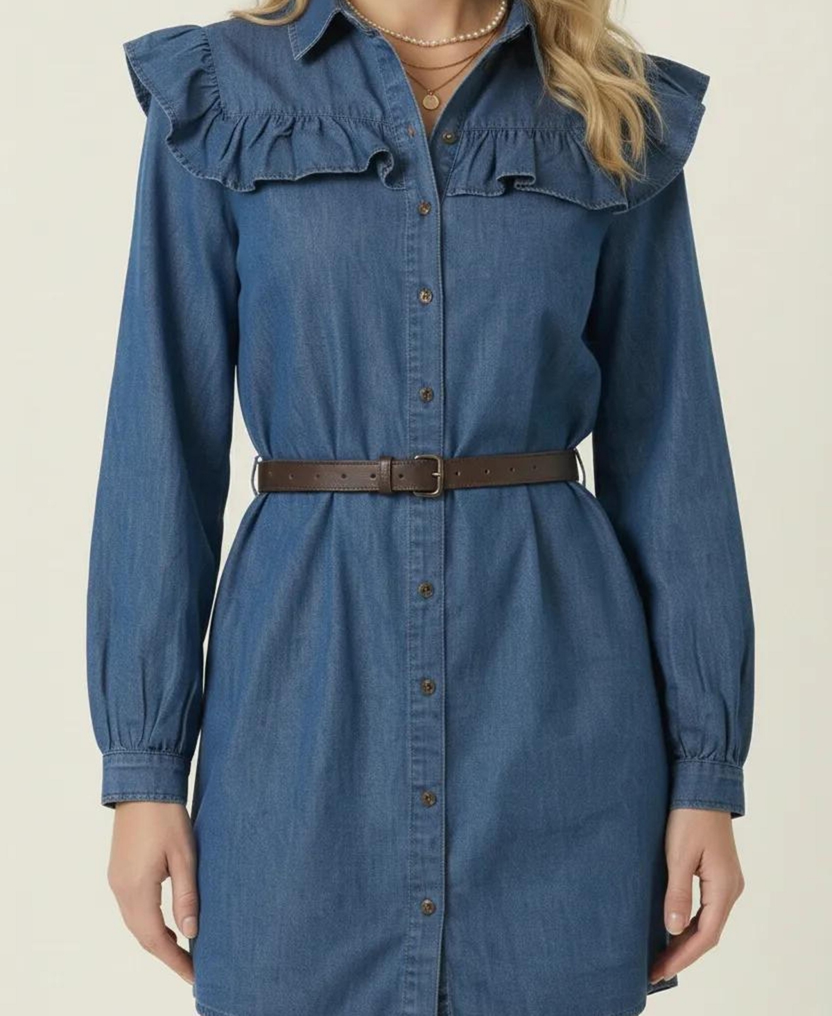 Click here for Modenaire Womens Ruffled-Collar Belted Shirt Dress... prices