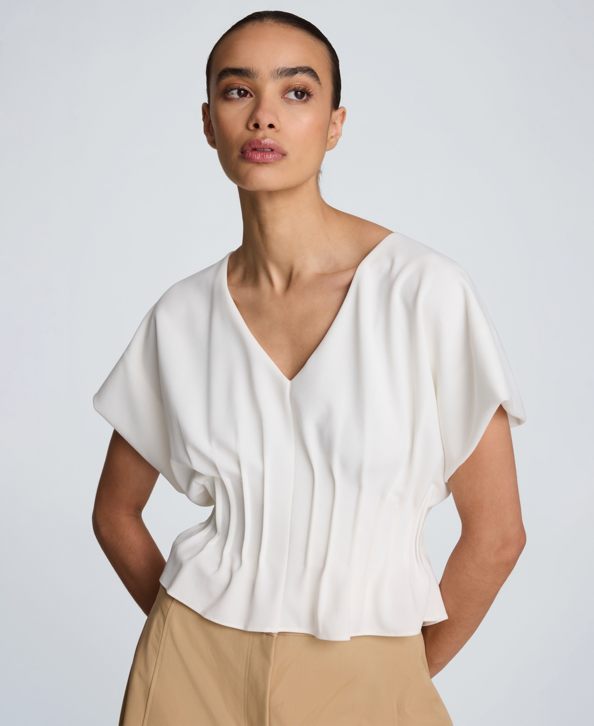 Click here for Kenneth Cole Womens Pleated V-Neck Top - White prices