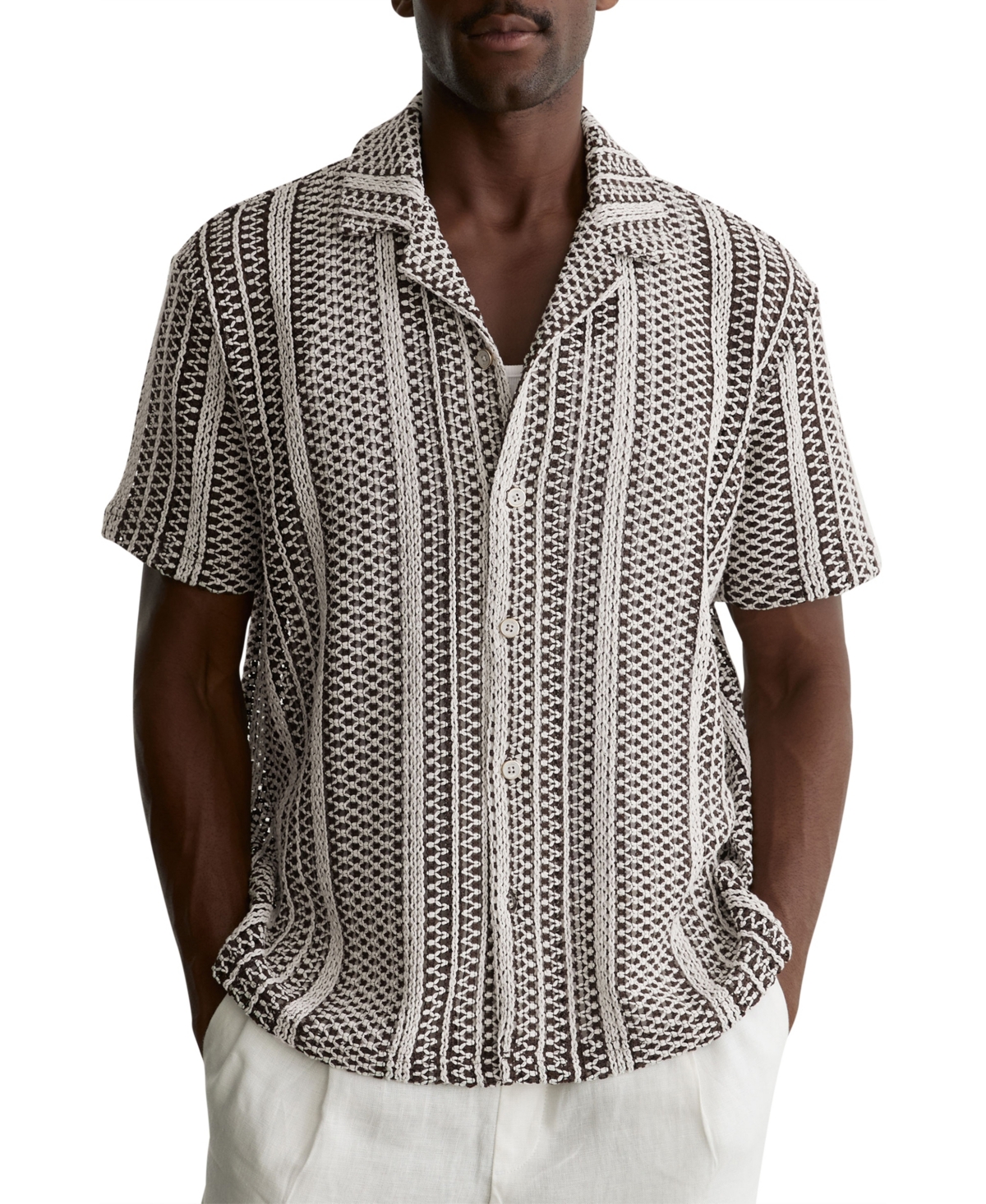 Click here for Reiss Mens Aetos Crochet Stripe Cuban-Collar Shirt... prices