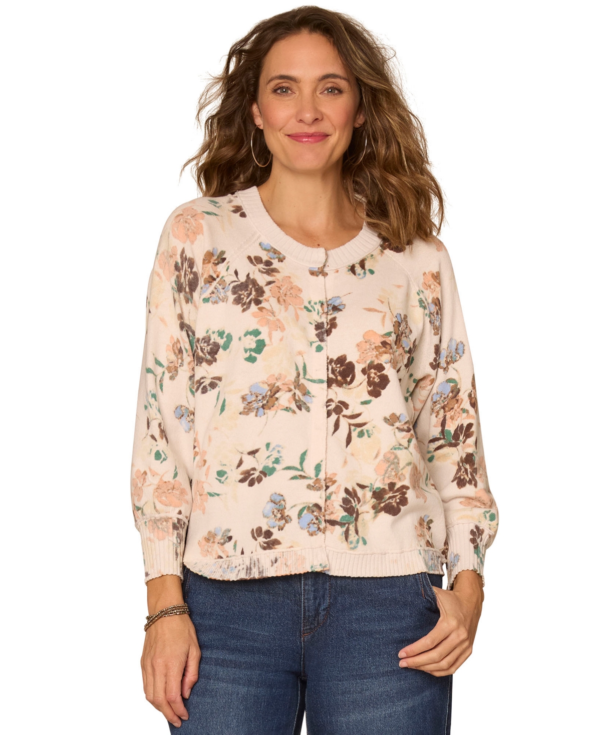 Click here for Democracy Petite Printed Round Neck Cardigan - Blu... prices